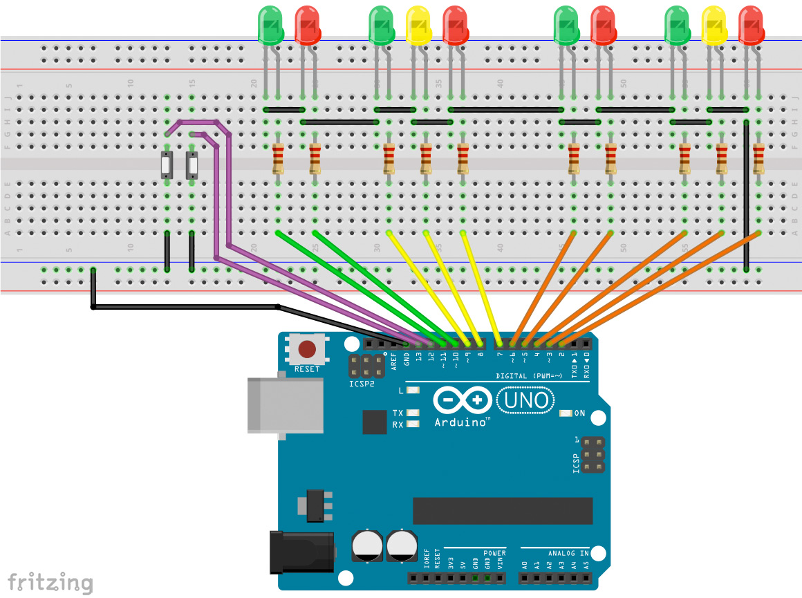 Ampelanlage mit Arduino – Mit Fussgängern und Fahrspuren